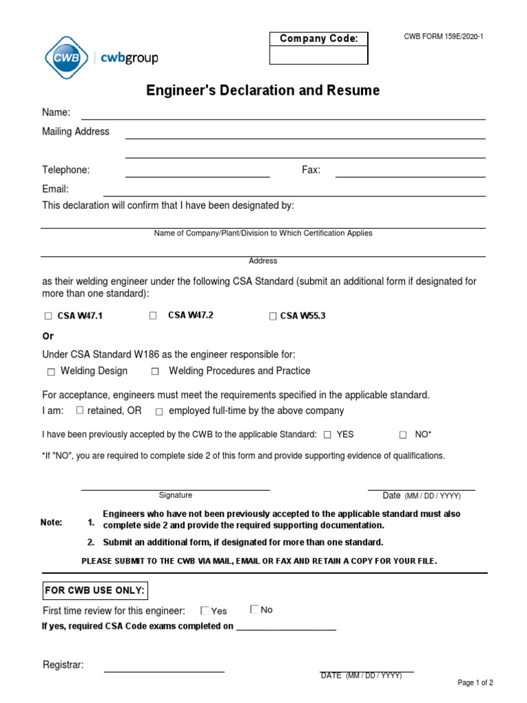 0159e - Engineer's Declaration and Resume | PDF | Engineer | Welding