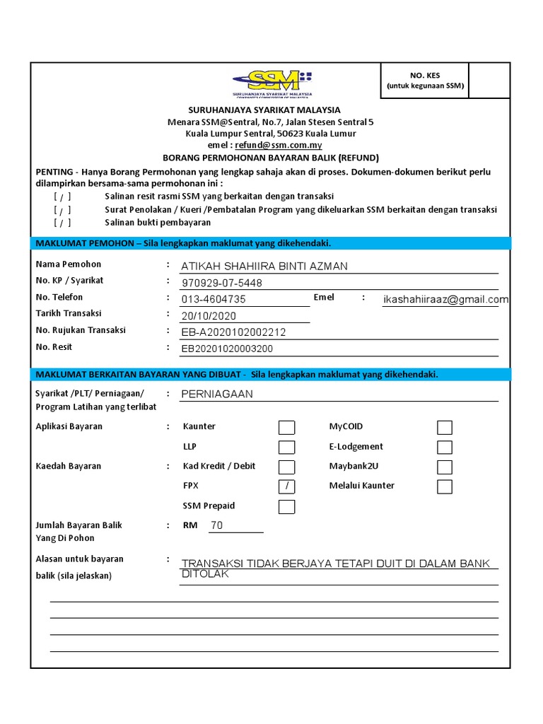 Borang Permohonan Bayaran Balik Hasil Ssm20170609 | PDF