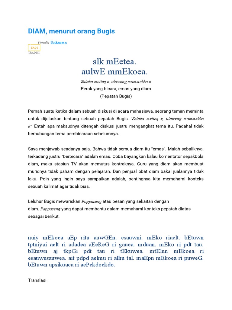 Makna Diam dalam Tradisi Bugis | PDF | Seni & Disiplin Bahasa