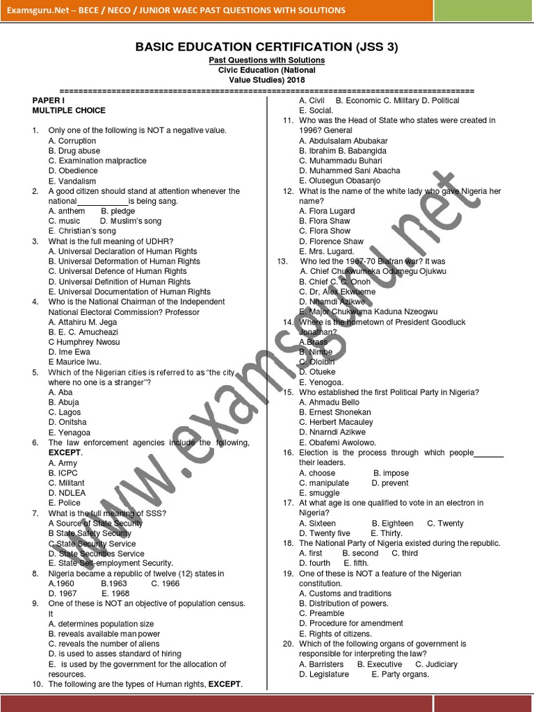 BECE Junior WAEC Past Question - Civic Education | PDF | Nigeria ...