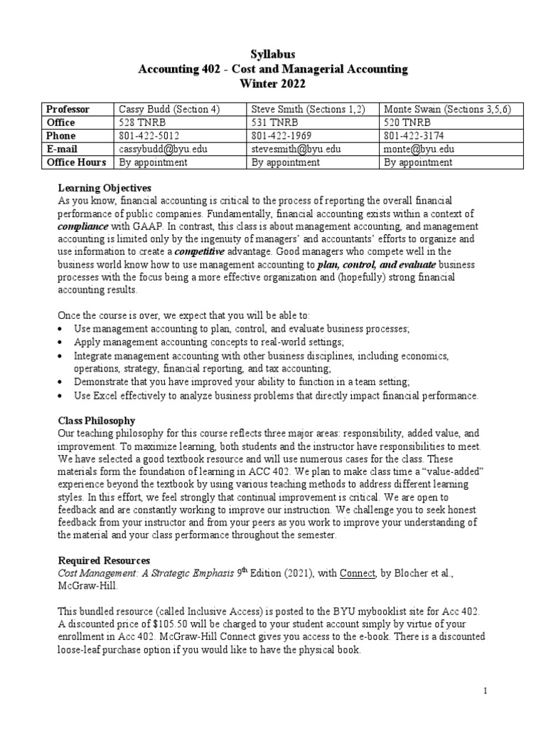 Syllabus Accounting 402 - Cost and Managerial Accounting Winter 2022 ...