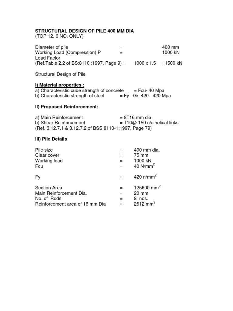 Structural Design of Pile 400 MM DIA | PDF | Strength Of Materials ...