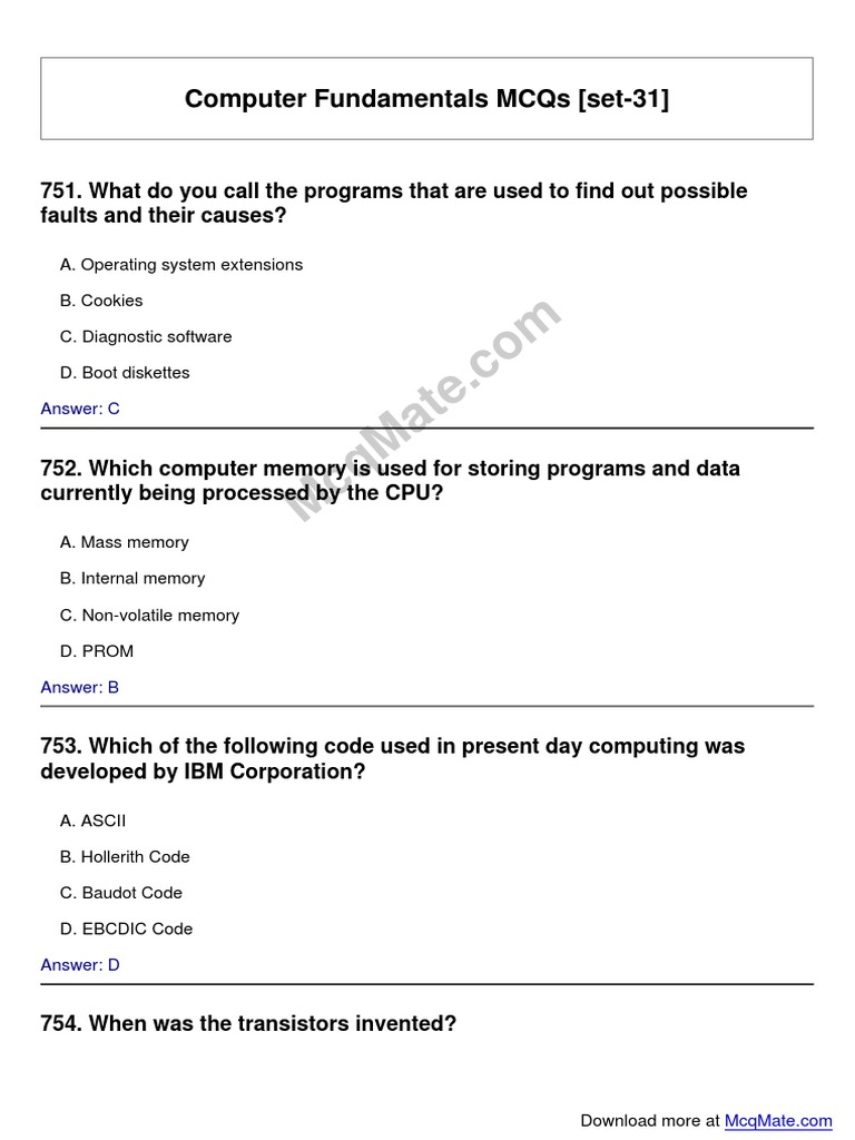 Computer Fundamentals Solved MCQs (Set-31) | PDF | Computer Memory ...