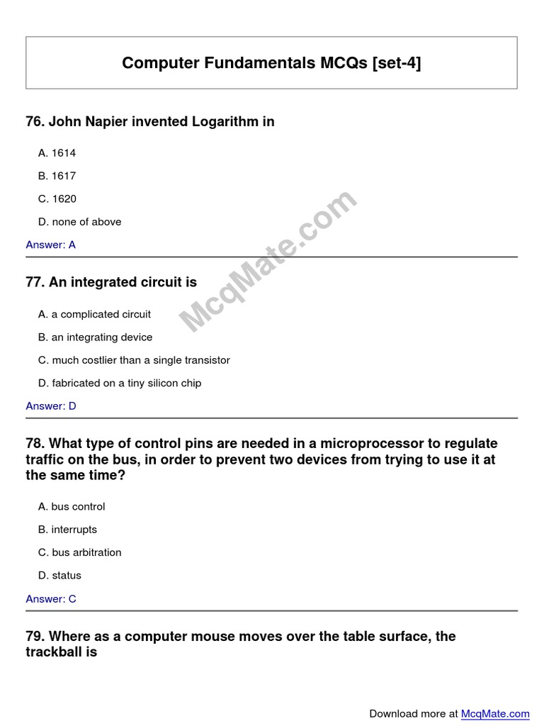Computer Fundamentals Solved MCQs (Set-4) | PDF | Integrated Circuit | Microprocessor