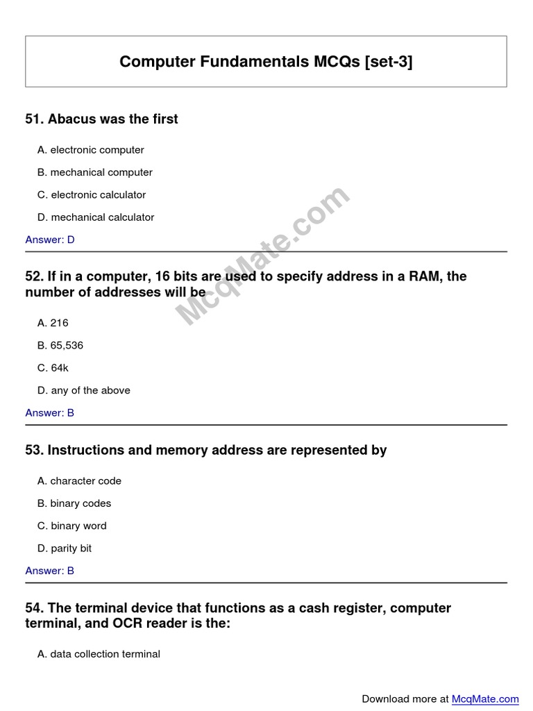 Computer Fundamentals Solved MCQs (Set-3) | PDF | Bit | Calculator