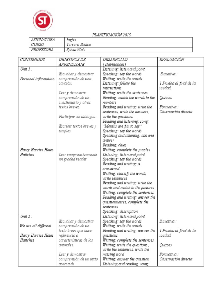 Plan Anual Inglés 3° Básico 2015 | PDF | Puzzles | Games Of Mental Skill