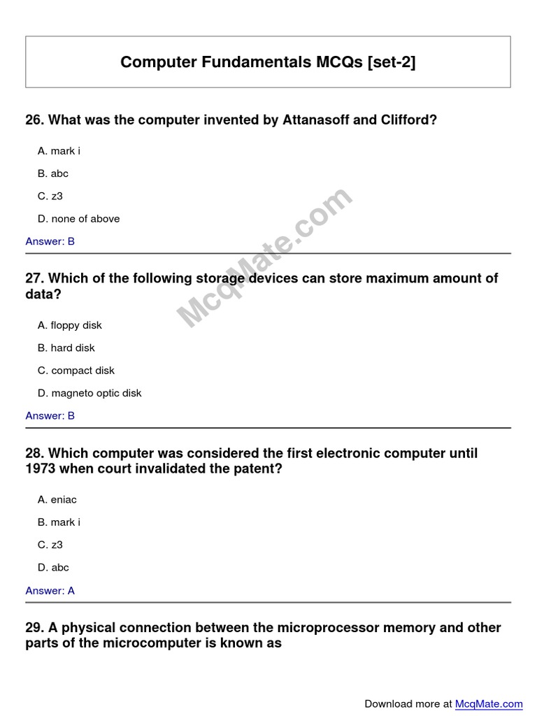 Computer Fundamentals Solved MCQs (Set-2) | PDF | Computer Data Storage | Input/Output