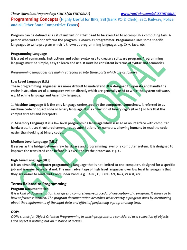 Programming Concepts MCQ | PDF | Computer Programming | Programming ...
