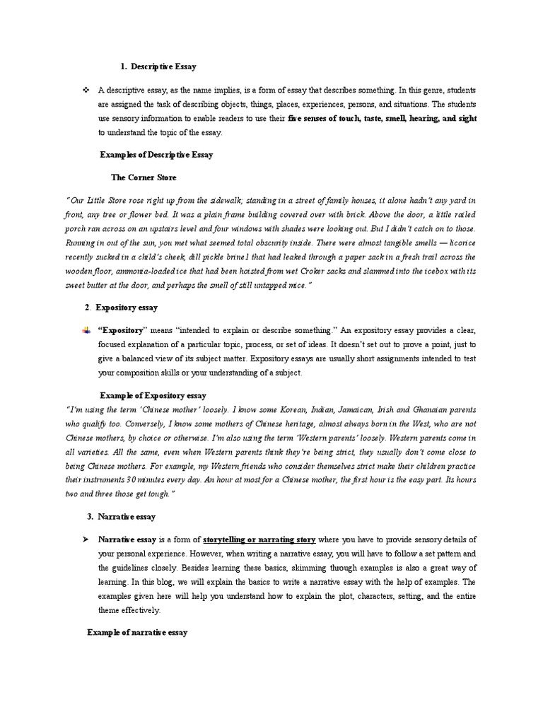 Descriptive, Expository, Narrative and Argumentative Essay Examples ...