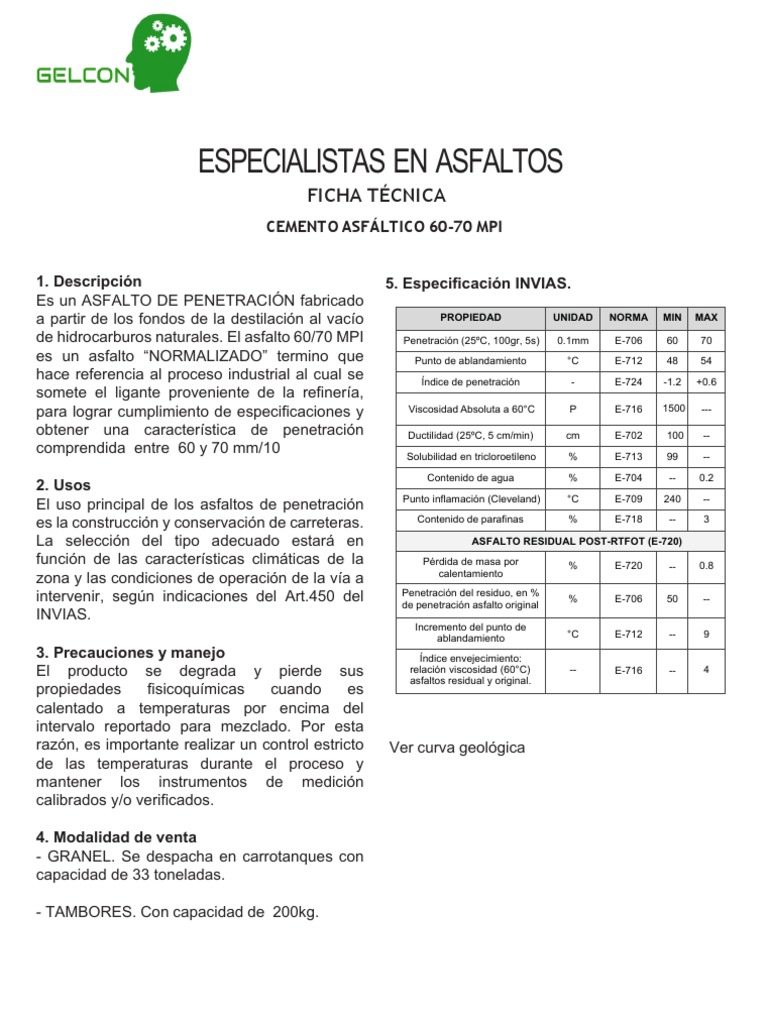 Cemento asfáltico 60-70 MPI: ficha técnica y especificaciones | PDF | Asfalto | Materiales