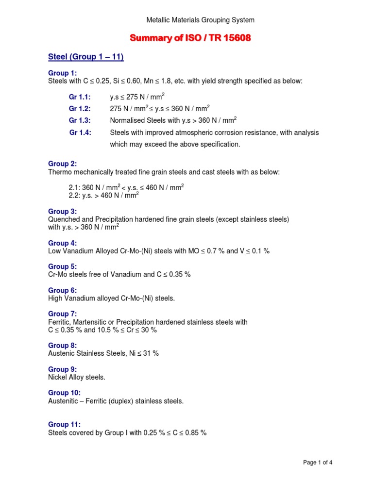 Summary ISO TR 15608 Metallic Materials Grouping System | PDF | Alloy ...