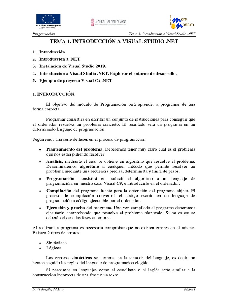 TEMA 1 Introduccion A Visual Studio | PDF | Lenguaje de programación | .NET Framework