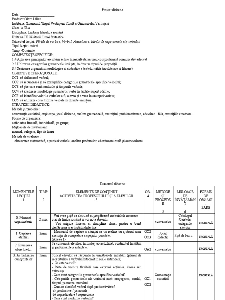 1 Proiect Lectie Verbul | PDF