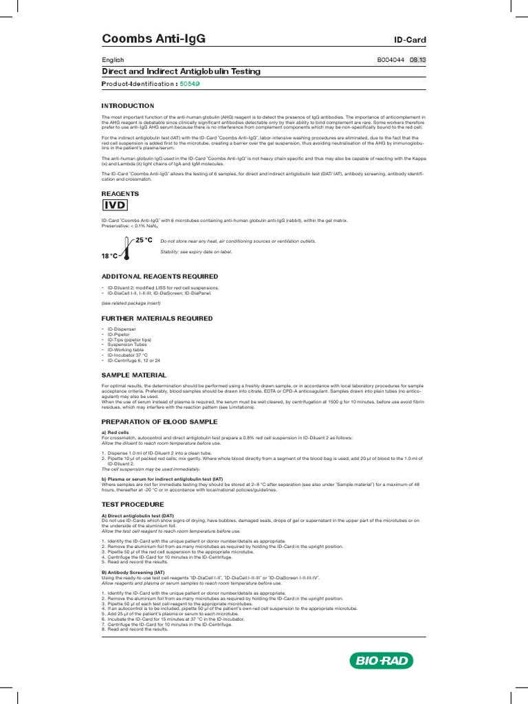Coombs Anti-Igg: Id-Card Direct and Indirect Antiglobulin Testing ...