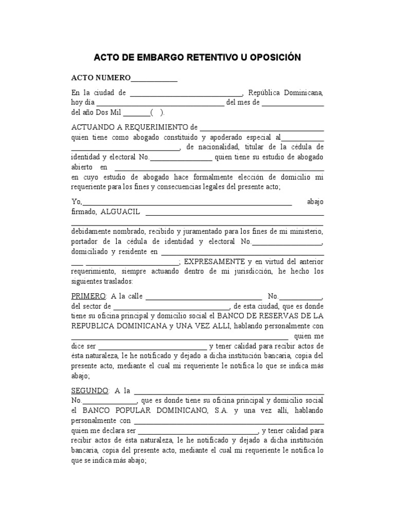 1 - Acto de Embargo Retentivo U Oposición | PDF | Bancos | Justicia