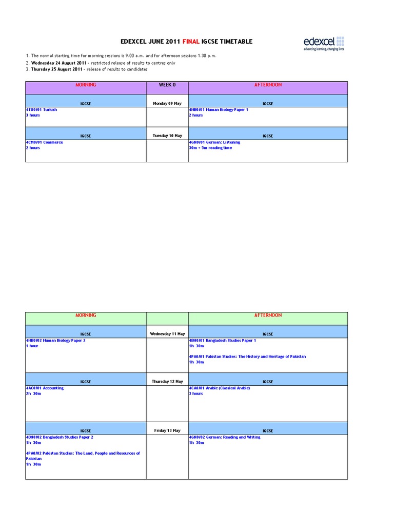 Edexcel June 2011 Igcse Final Timetable | PDF | Test (Assessment ...