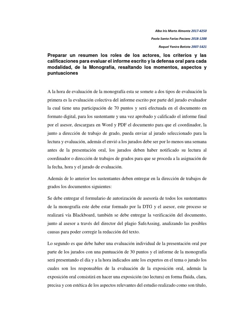 MARTE ALMONTE-ALBA IRIS-Evaluación de La Monografía | PDF | Evaluación