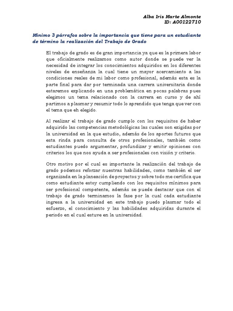 MARTE ALMONTE-ALBA IRIS-Importancia Trabajo de Grado | PDF