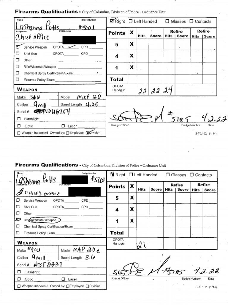FireArms Qualification Score Sheets | PDF