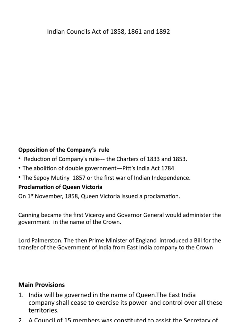 Unit-IV Indian Councils Act of 1858, 1861 and 1892 | PDF | The Crown ...