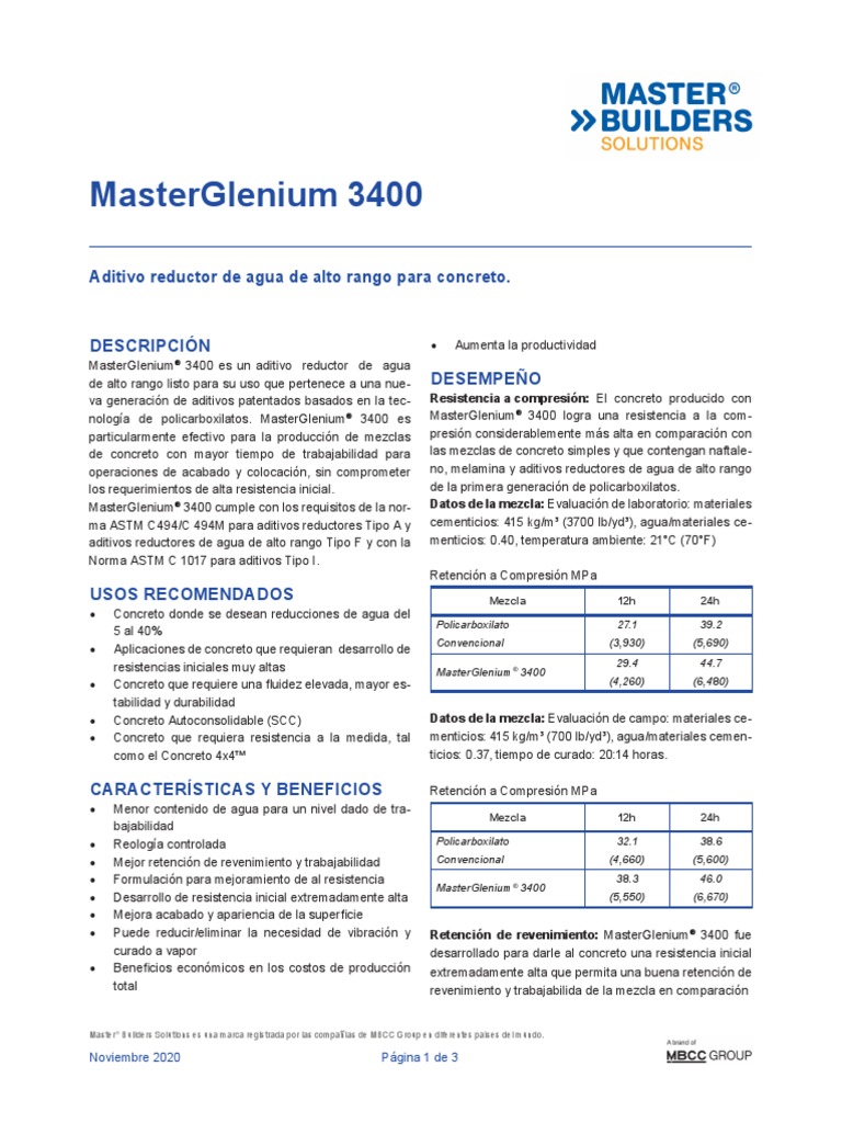 Masterglenium 3400 - Ficha Técnica | PDF | Hormigón | Agua