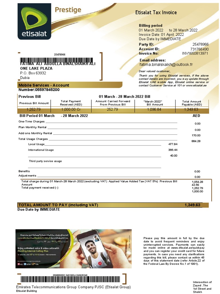 Etisalat Tax Invoice: Mobile Services - Account Number:05597845200 ...