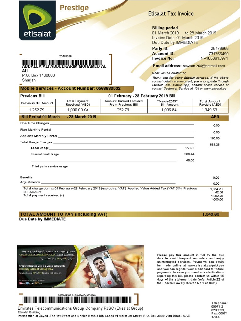 Etisalat Tax Invoice: Mobile Services - Account Number: 0568889502 ...