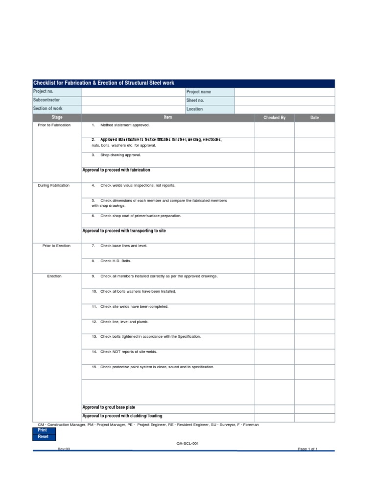 Fabrication & Erection of Steel Works Checklist | PDF | Metal ...