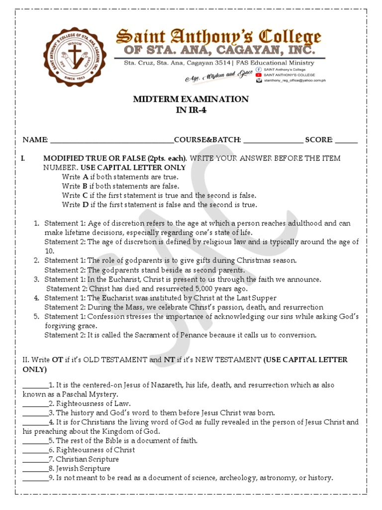 Analysis of a Midterm Examination on Catholic Sacraments and Doctrine ...
