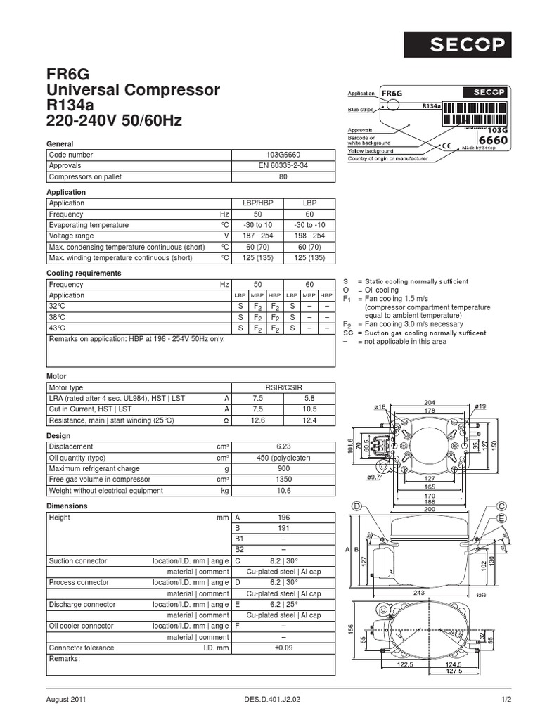 Fr6G Universal Compressor R134a 220-240V 50/60Hz: General | PDF ...