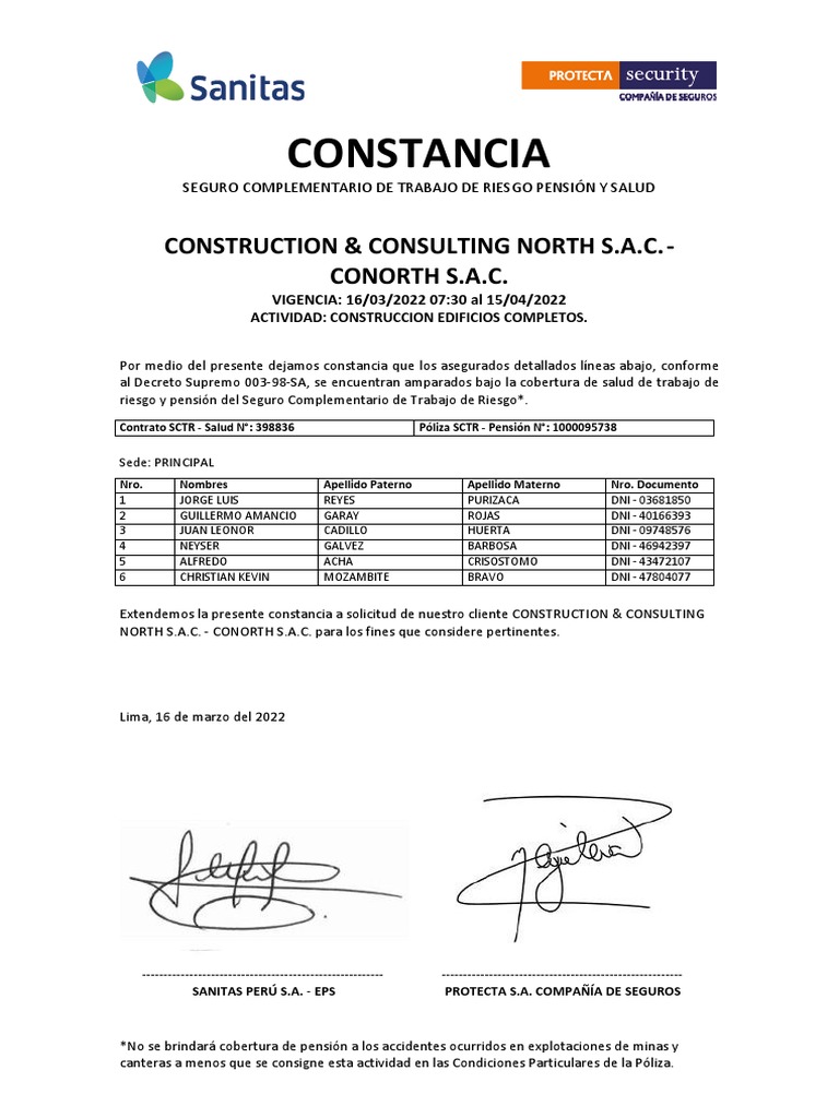 Constancia SCTR Marzo 2022 Conorth Sac | PDF