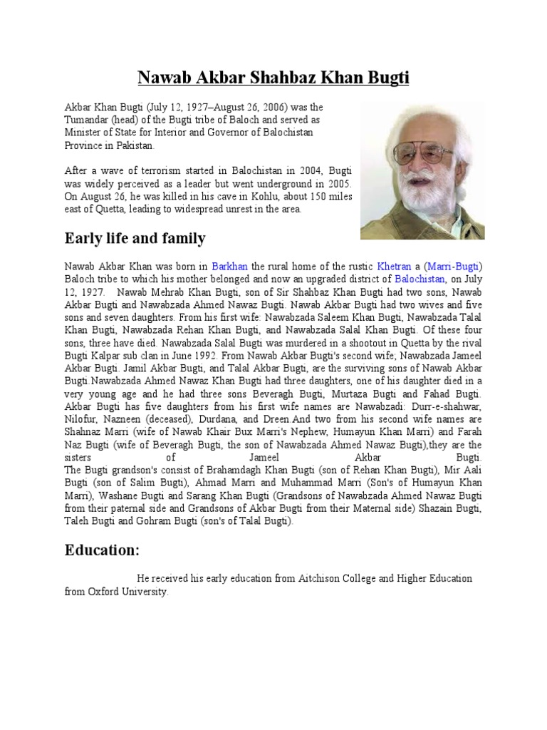 Nawab Akbar Shahbaz Khan Bugti, Leader of Baloch Tribe in Pakistan ...