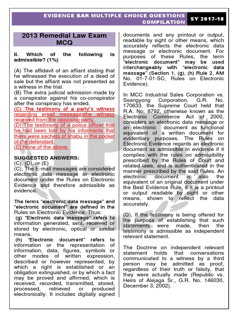 2013 Remedial Law Exam MCQ: Evidence Bar Multiple Choice Questions ...