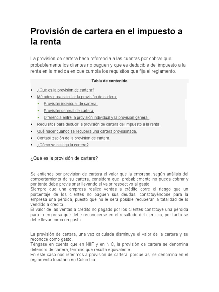 Provisión De Cartera En El Impuesto A La Renta Gerencie Pdf