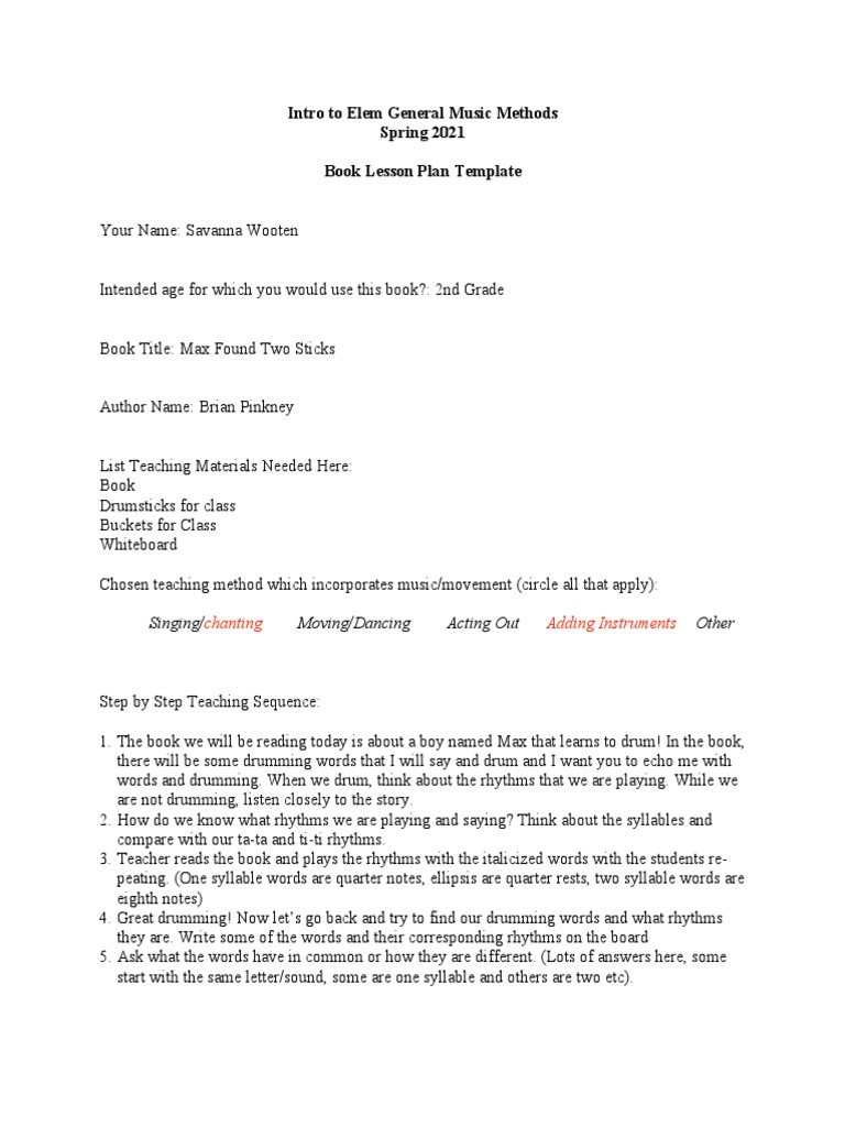 2nd Grade Music Lesson Plan: Max Found Two Sticks | PDF | Rhythm ...