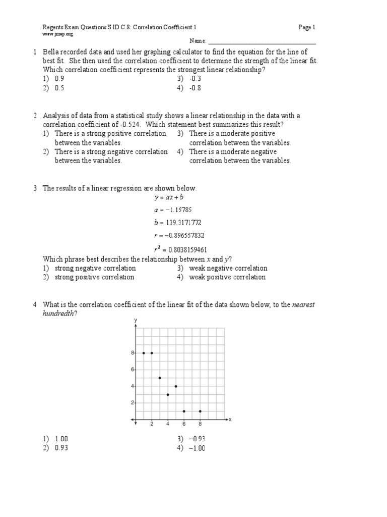 Correlation Coefficient Exam Questions | PDF | Linear Regression ...