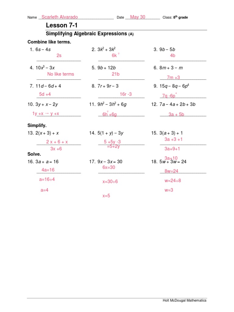 Lesson 7-1: Simplifying Algebraic Expressions | PDF | Mathematics | Algebra