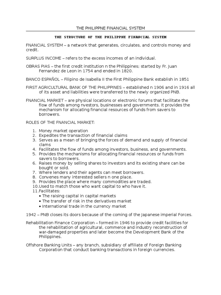 The Philippine Financial System an Overview | Financial Markets | Money