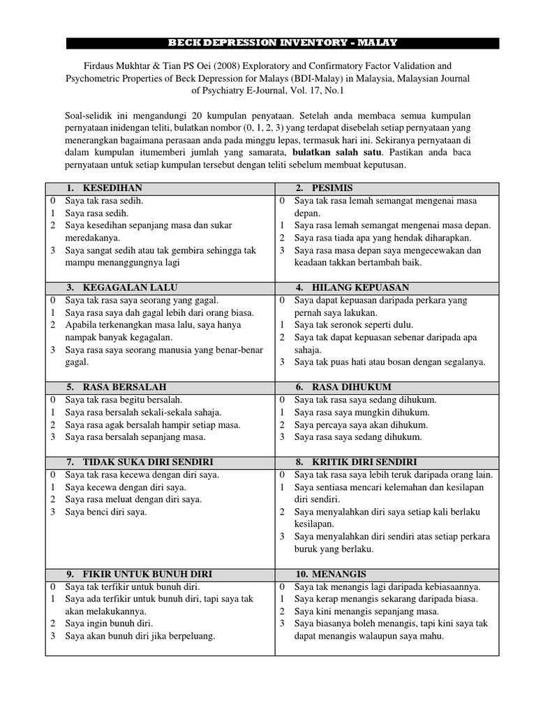Beck Depression Inventory (Bdi) Malay Version | PDF