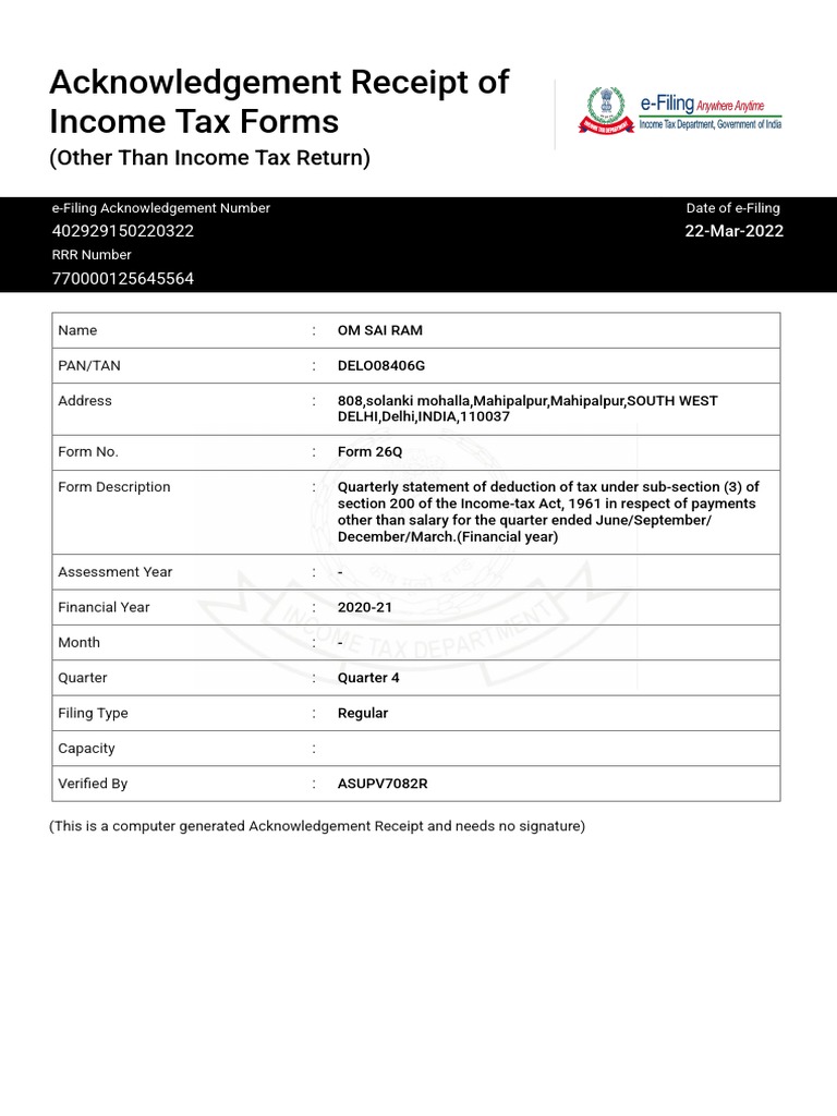 Form 26Q - ARN - 770000125645564 | PDF