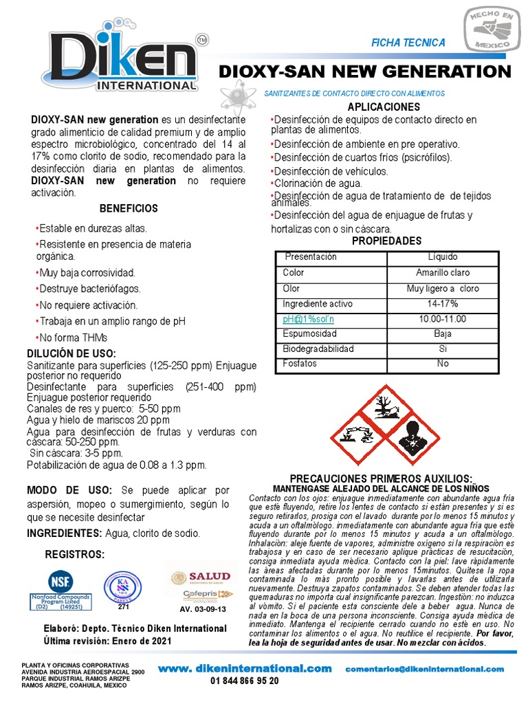 DIOXY-SAN: Desinfectante Alimenticio | PDF | Agua | Alimentos