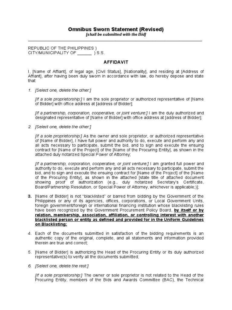 Omnibus Sworn Statement (Revised) : Affidavit | PDF | Affidavit | Sole ...