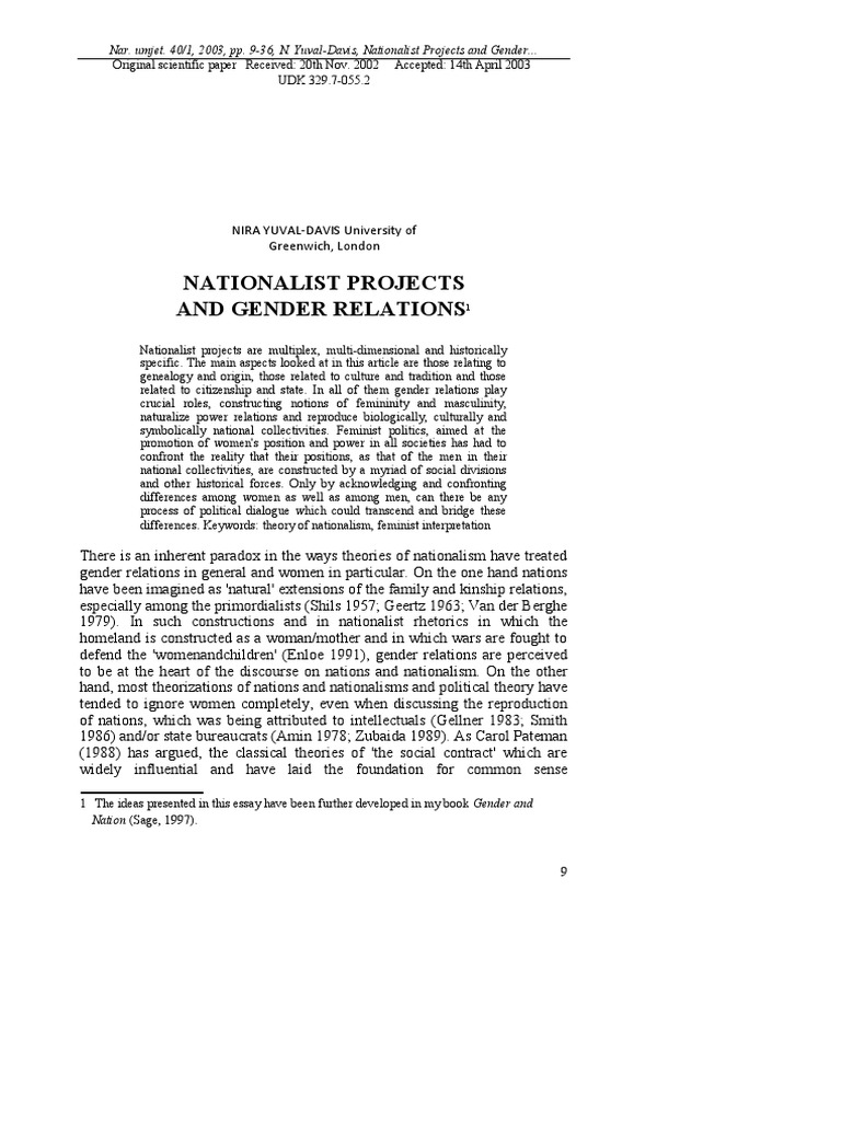 Nationalist Projects and Gender Relations: NIRA YUVAL-DAVIS University ...