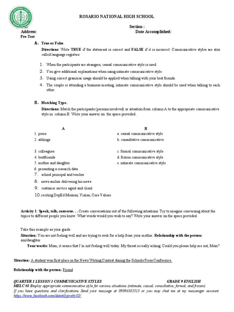ACTIVITY SHEETS Communicative Styles | PDF | Grammar | Rubric (Academic)