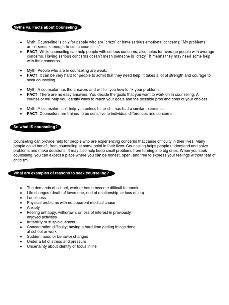 Myths vs. Facts About Counseling | PDF | School Counselor | Feeling