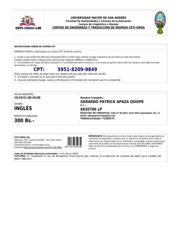 Instrucciones para Pago CPT CETI-UMSA | PDF | Bancos
