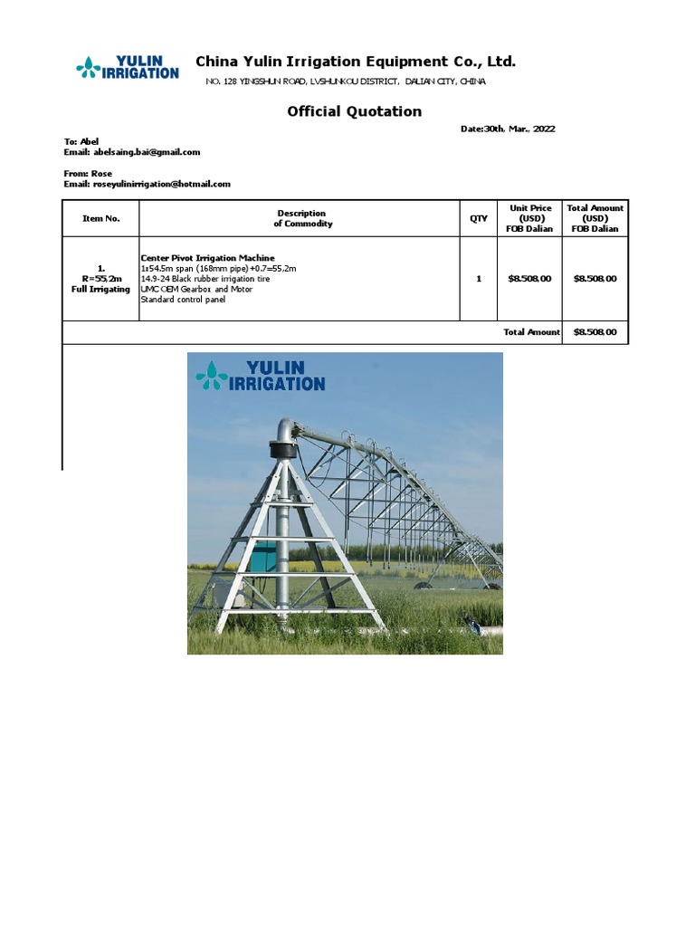 1ha FOB Quotation Pivot Irrigation System From China Yulin | PDF