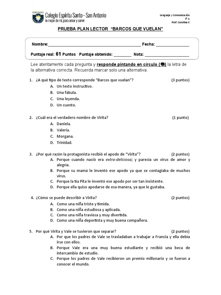 Prueba Plan Lector 3ºA Barcos Que Vuelan | PDF