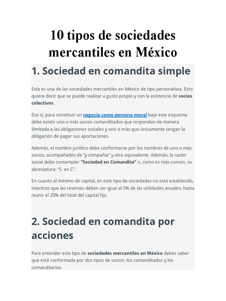 10 Tipos de Sociedades Mercantiles en México | PDF | Sociedad de responsabilidad limitada | Business