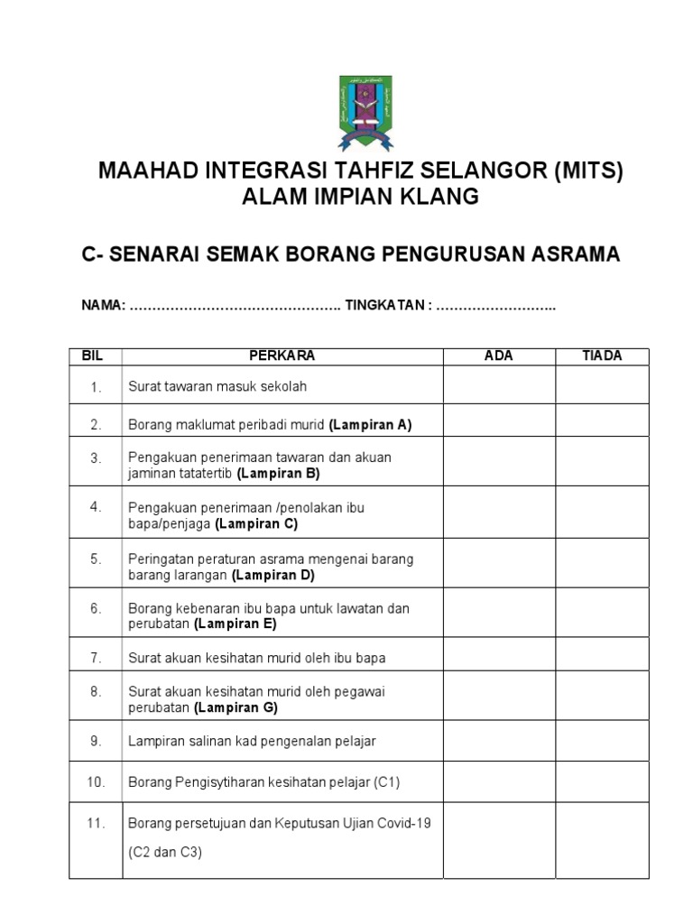 C - Borang Kemasukan Pelajar Asrama Baru 2022 | PDF